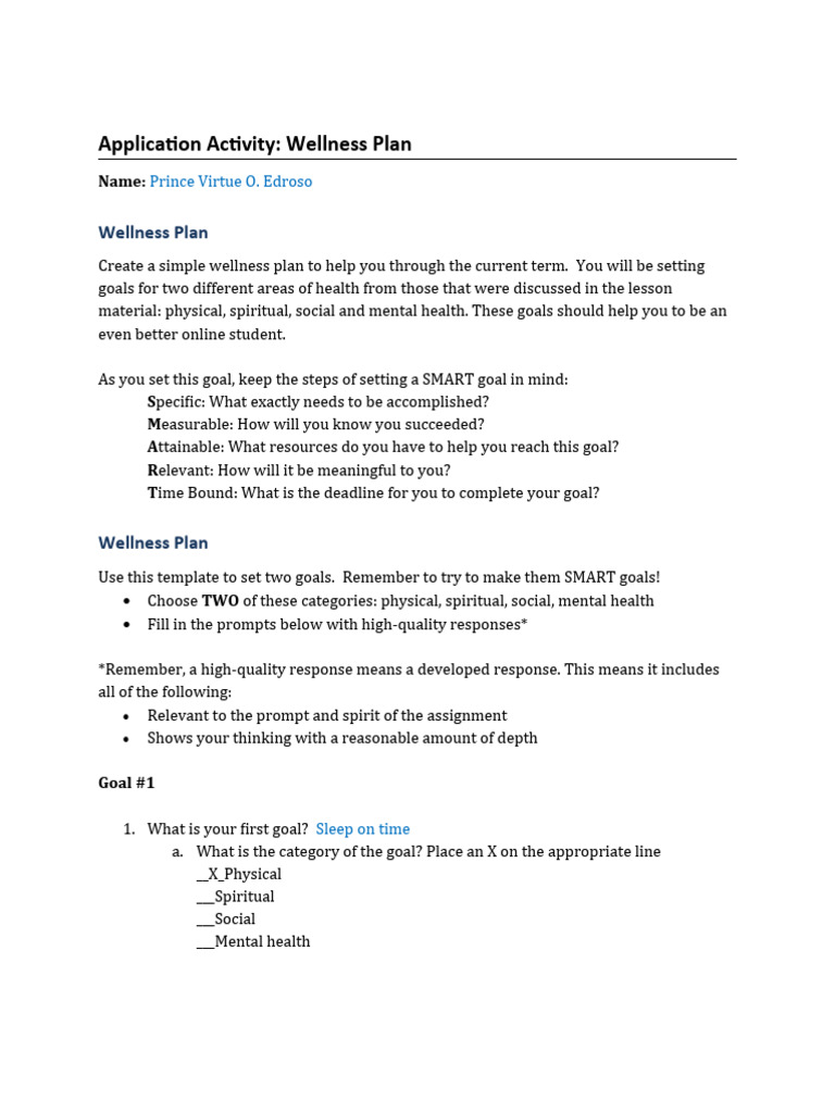 Pc103b Document Applicationactivitywellnessplan Template | PDF | Goal ...