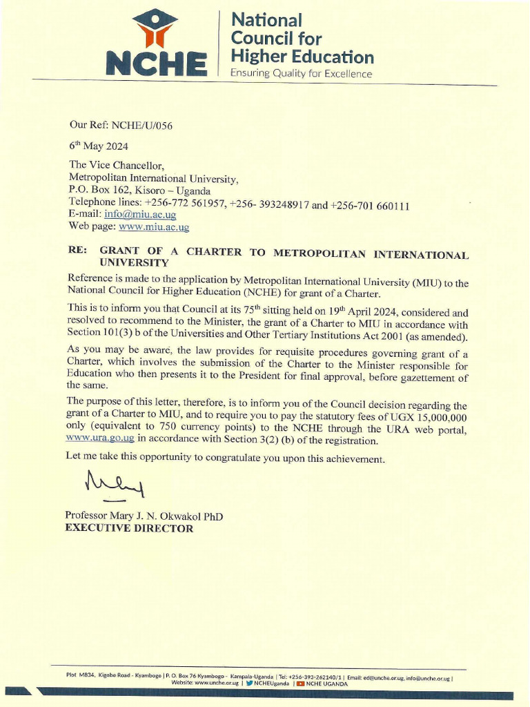 Grant of A Charter To Metropolitan International University (MIU) | PDF