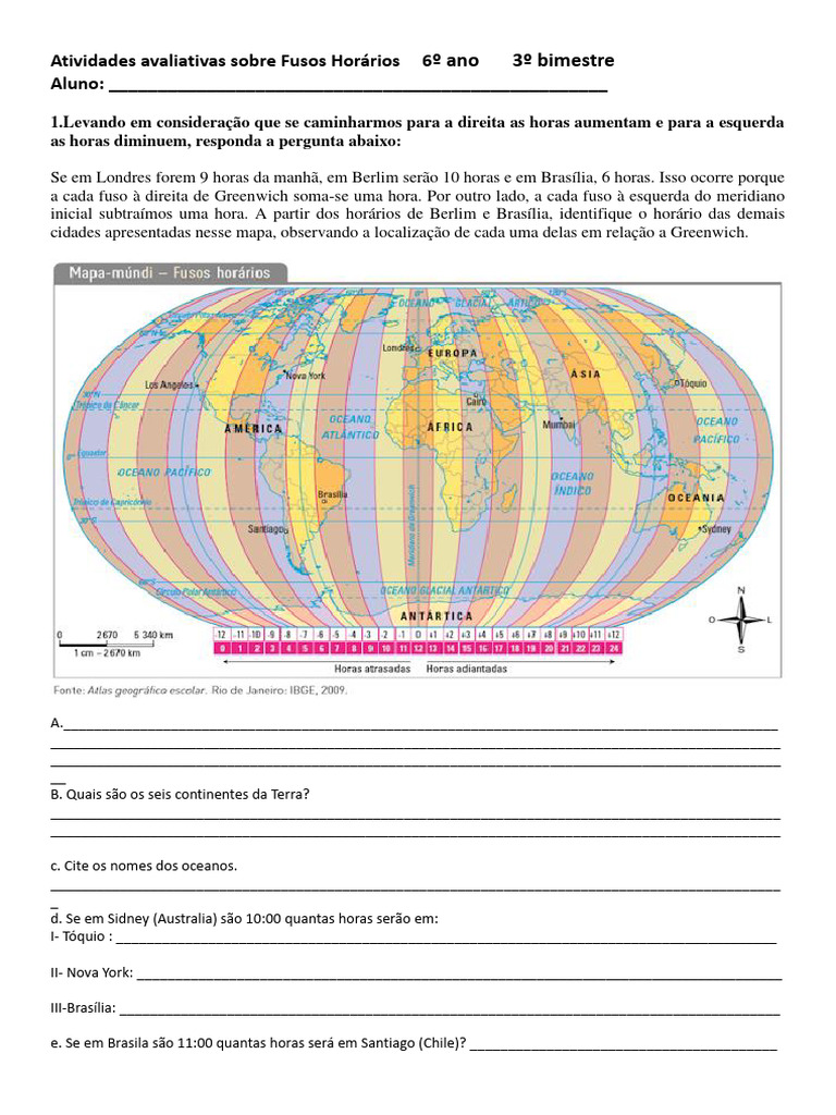 Atividades Avaliativas Sobre Fusos Horários 6º Ano 3º Bimestre | PDF ...
