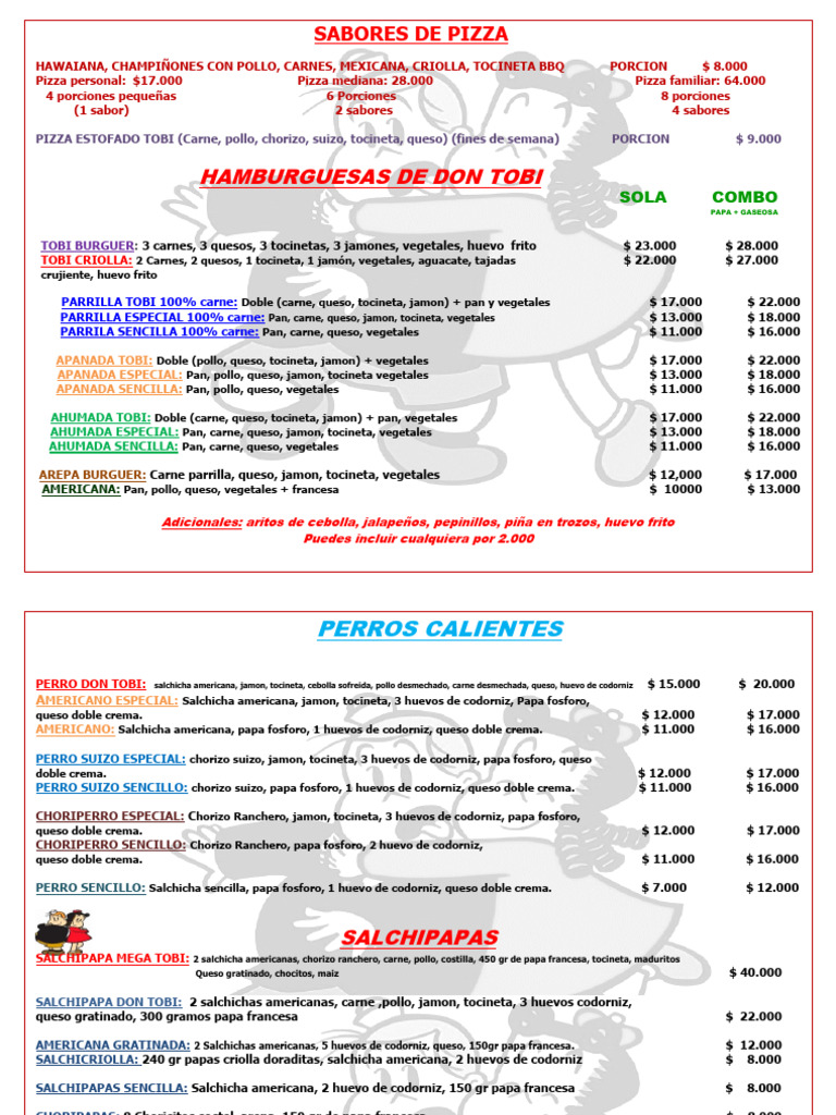 Menu Don Tobi 2023 | PDF | Platos con carne | Alimentos