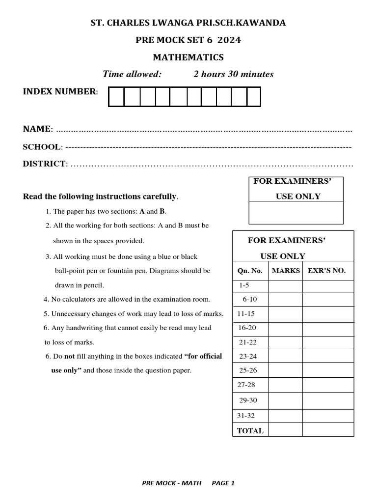 Pre Mock Set 6 Math | PDF | Mathematics