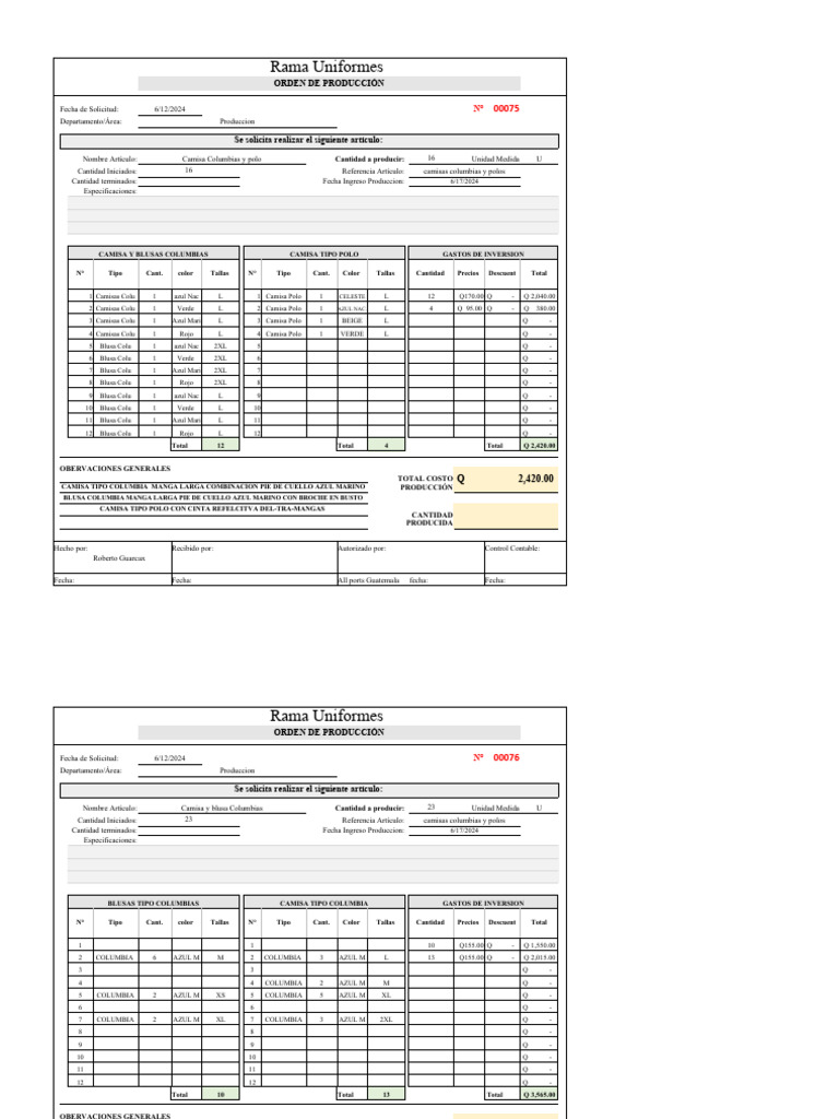 Formato de Orden de Produccion | PDF | Camisa | Moda