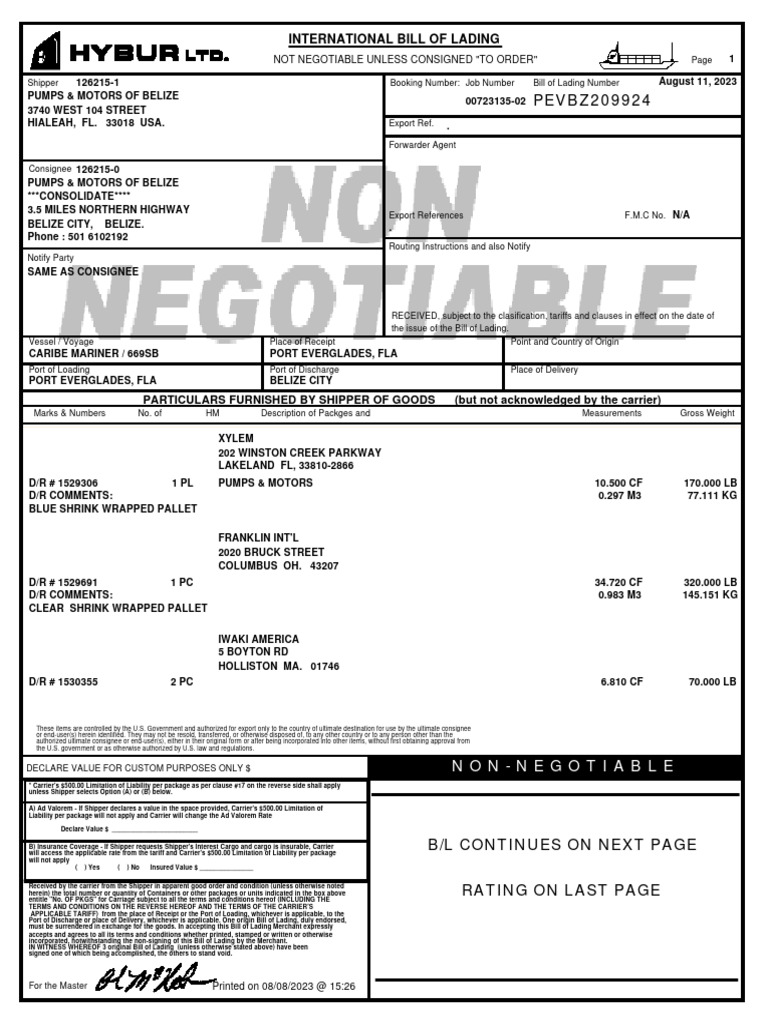 BL 11 August | PDF | Bill Of Lading | Cargo
