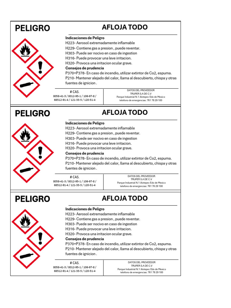 Etiquetas Pequeñas Sga Aflojatodo | PDF | Procesos Quimicos | Ingeniería de Procesos Químicos
