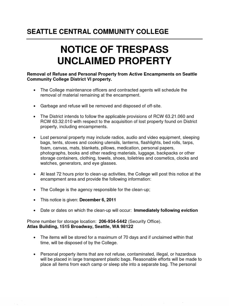 Seattle CC Notice: Property Removal Policy | PDF | Property | Business