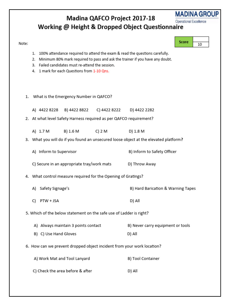 Questionnaire - Working at Height + Dropped Object Questionnaire | PDF ...
