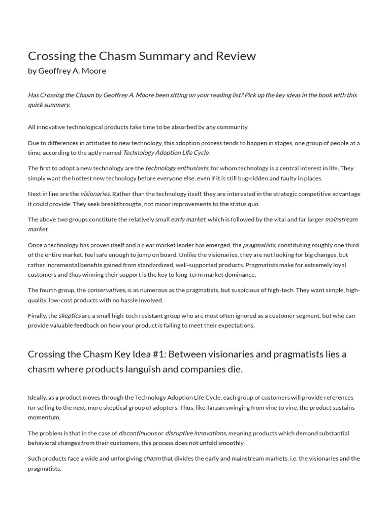 Crossing The Chasm Summary, Review by The Author | PDF | Market (Economics) | Sales