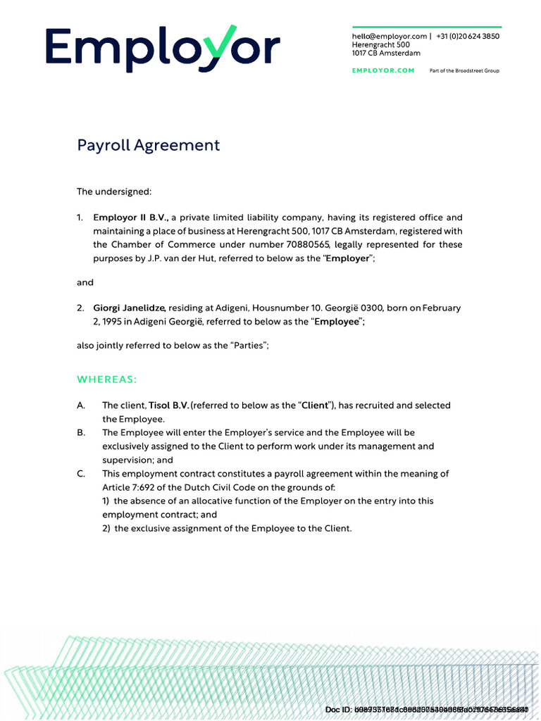 EMPLOYOR II BV Payroll Agreement Giorgi | PDF