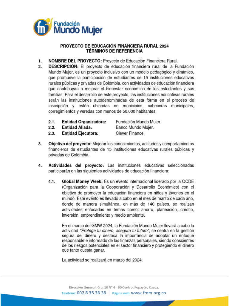 Proyecto de Educacion Financiera Rural TDR 2024 | PDF | Educación financiera | Iniciativa ...