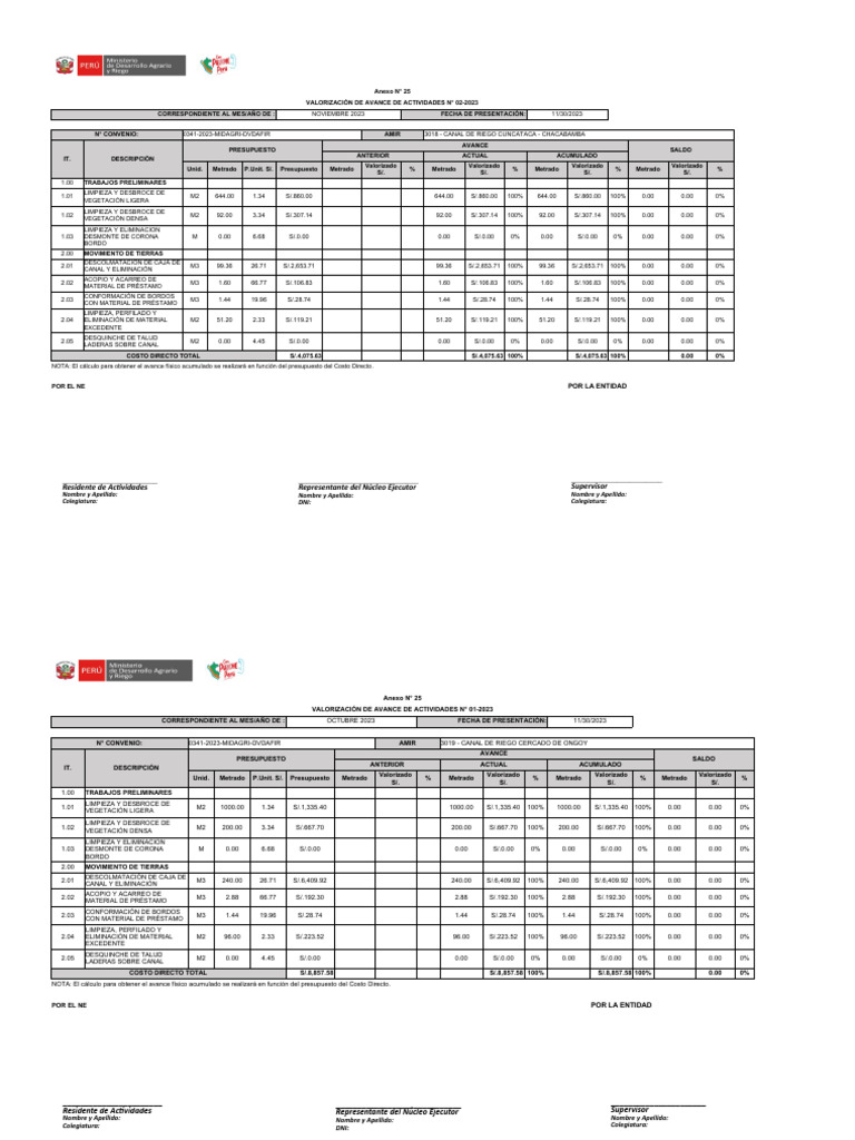 Anexo #25 y 26 Valorización de Avance de Actividades Ongoy Total | PDF