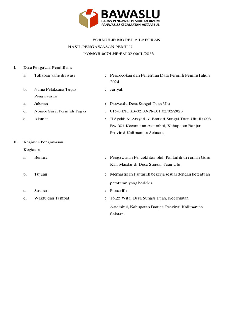 FORM A 007 Pencoklitan Oleh Pantarlih - Sungai Tuan Ulu | PDF