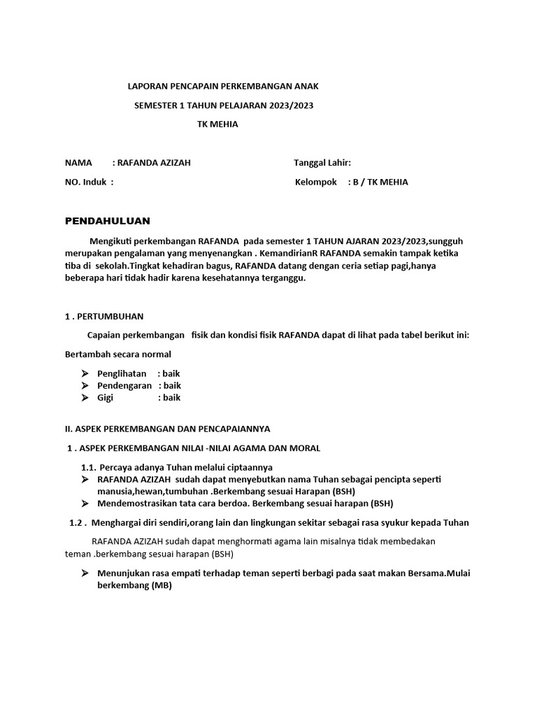 LAPORAN PENCAPAIN PERKEMBANGAN ANAK | PDF