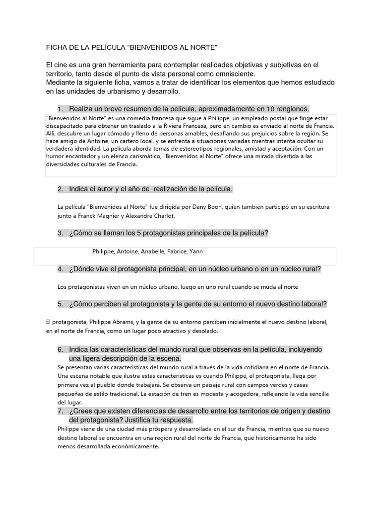 Ficha de La Película Bienvenidos Al Norte | PDF