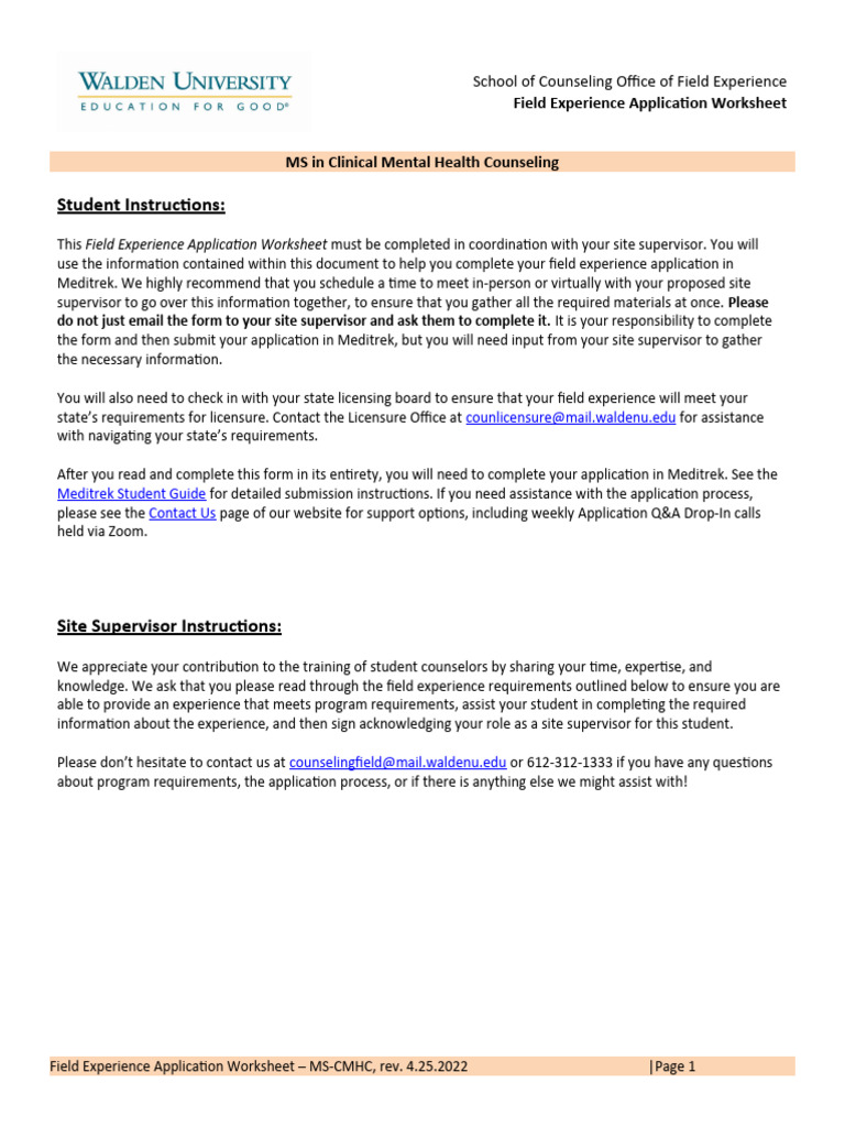 Field Experience Application Guide | PDF | Mental Disorder | Counseling Psychology