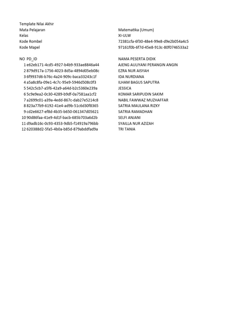Template Nilai Akhir Mata Pelajaran Matematika Umum Kelas XI ULW | PDF