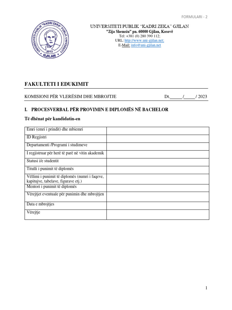 4.formulari Për Vlerësimin e Punimit Të Diplomes 2 | PDF