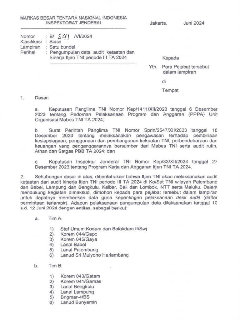 Permohonan Data Korem 161-WS Dan Jajaran | PDF
