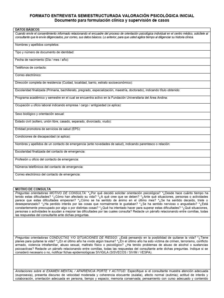 Formato Entrevista Semiestructurada Valoración Psicologica Inicial Areandina | PDF | Sicología ...