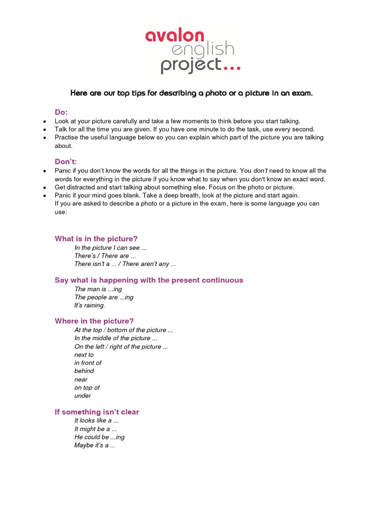 Tips for Describing Pictures in Exams | PDF | Language Arts & Discipline