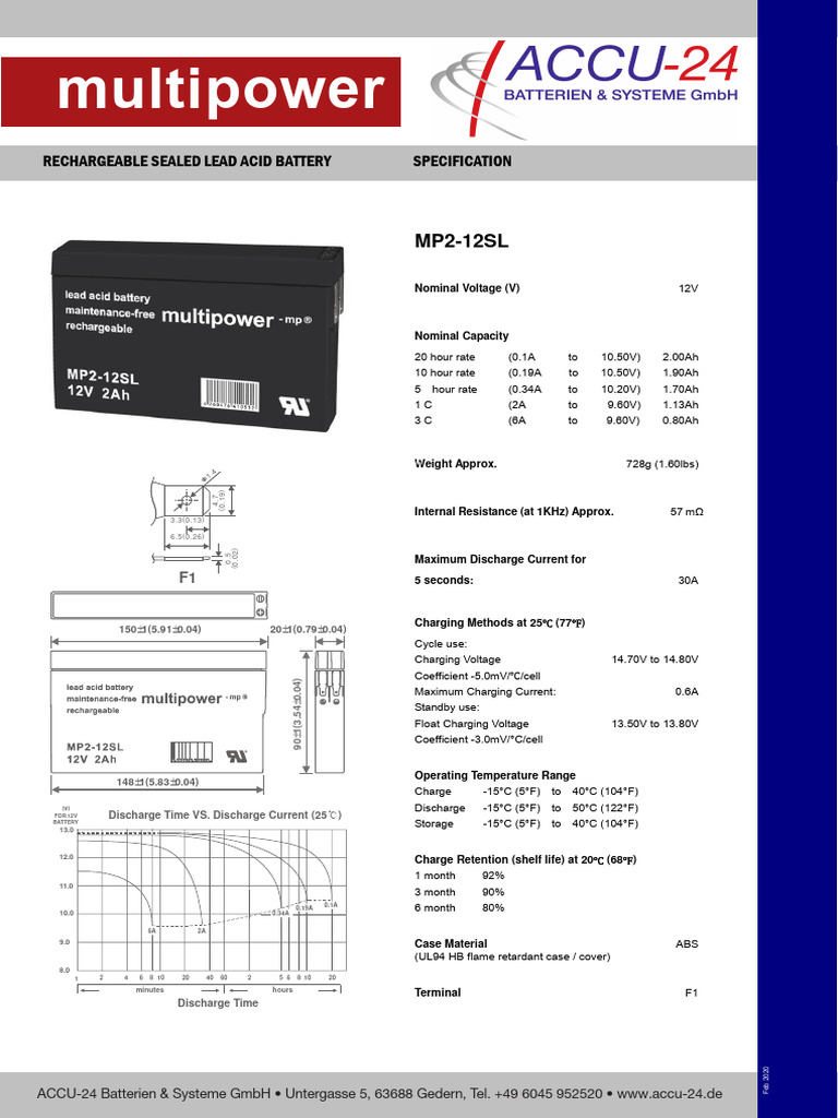 Datenblatt Multipower Standardtyp MP2-12SL Accu Englisch | PDF | Rechargeable Battery | Physical ...