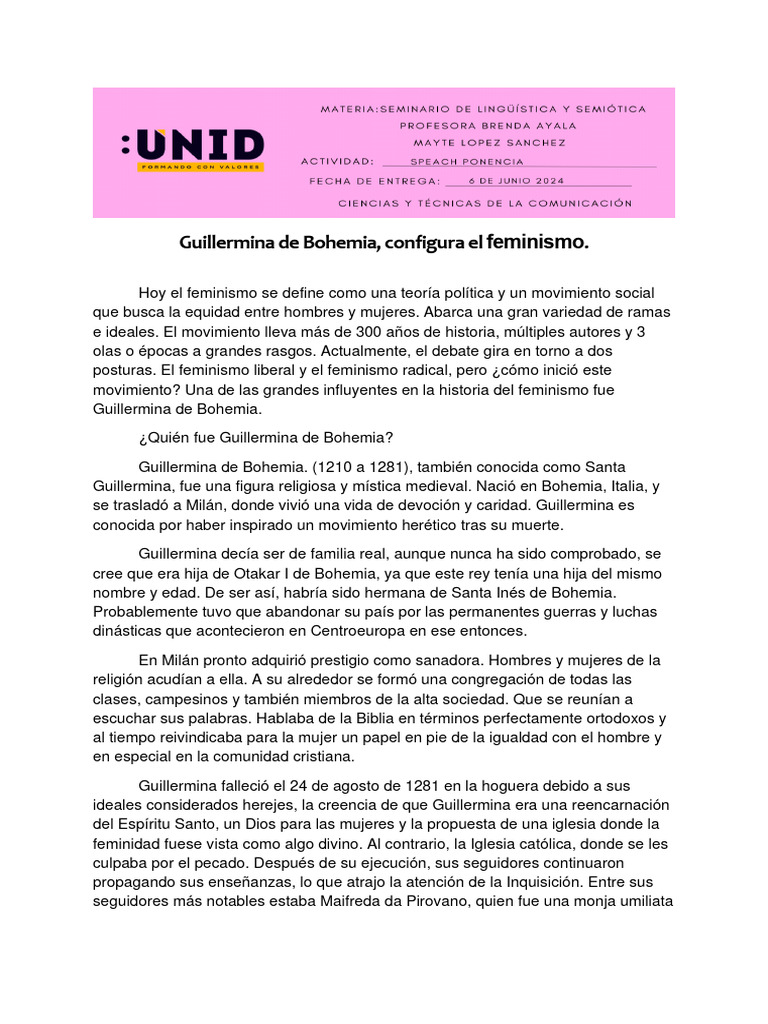 Ponencia Guillermina de Bohemia | PDF | Feminismo | Estudios de género