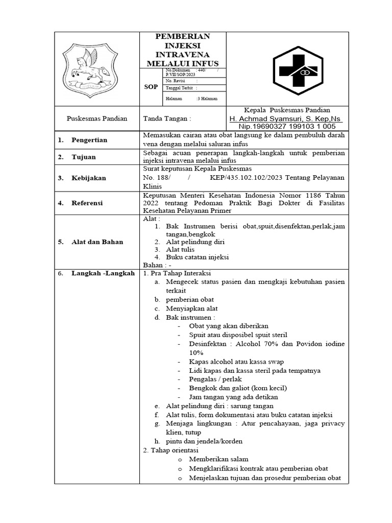 31 SOP Pemberian Injeksi Melalui Infus | PDF | Pengembangan Diri