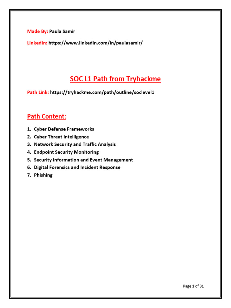 SOC L1 Path From Tryhackme | PDF