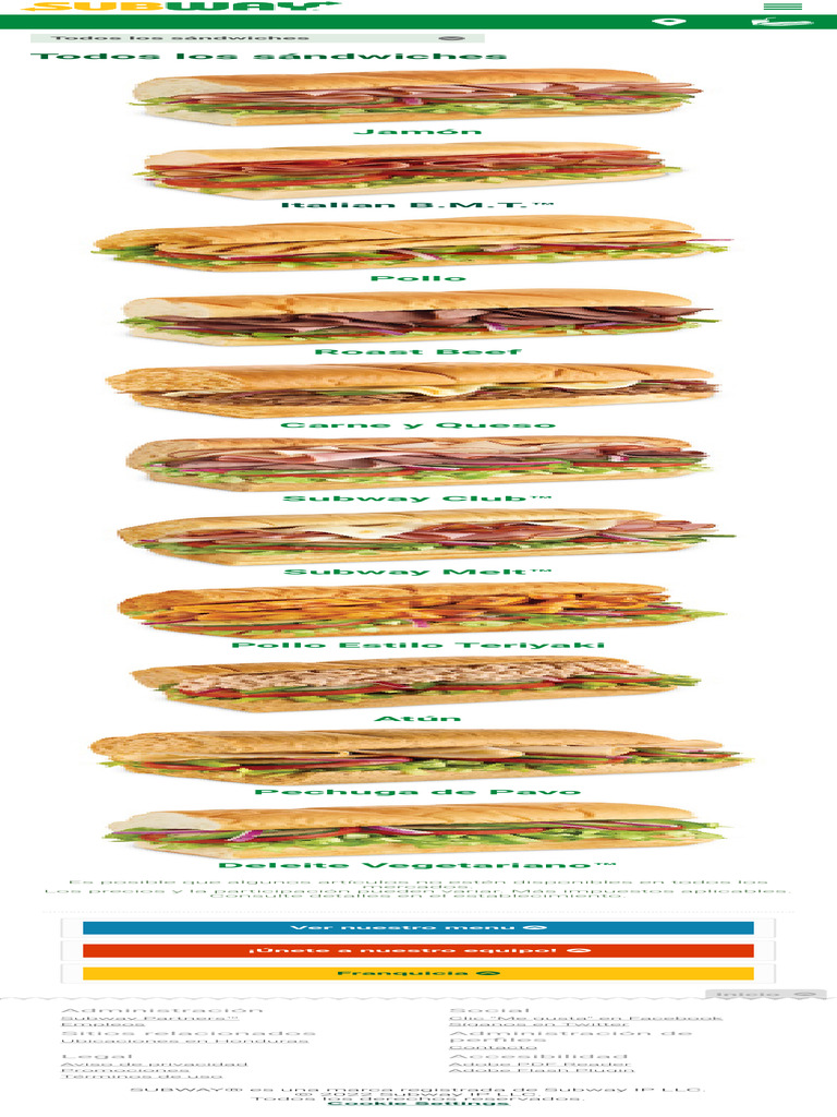Menu - Todos Los Sándwiches SUBWAY - Com - Honduras (Español) | PDF