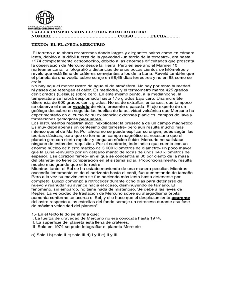 LECTURA 110- PLANETA MERCURIO- texto original | Descargar gratis PDF ...