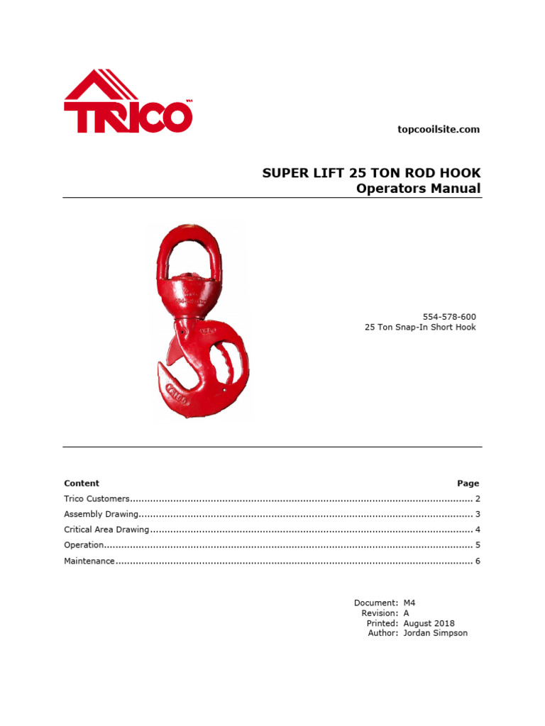 Trico Super Lift 25ton Rod Hook | PDF | Wear | Mechanical Engineering