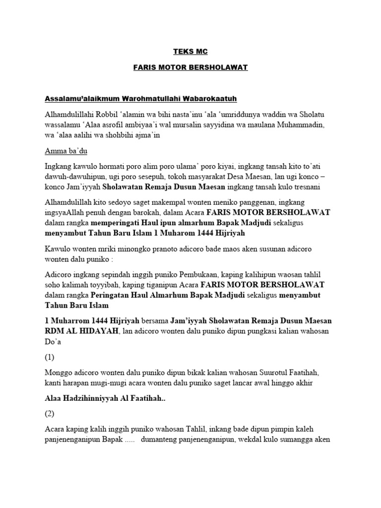 Teks MC Acara Faris Motor Bersholawat | PDF | Agama & Spiritualitas