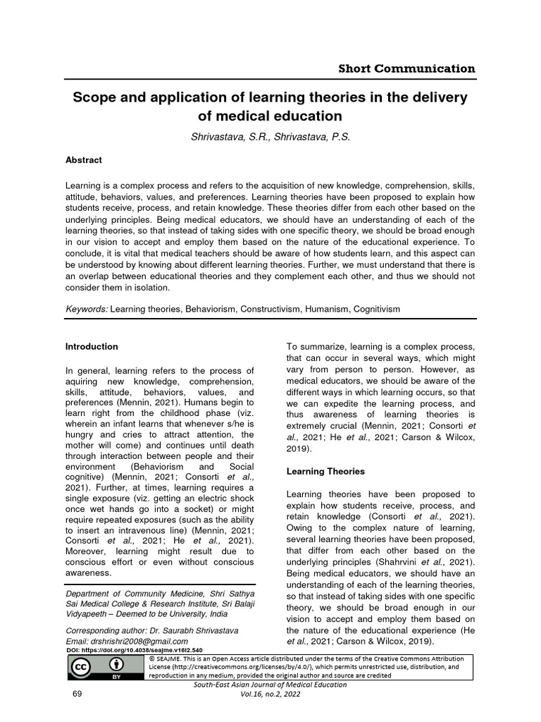 Scope and Application of Learning Theories in The Delivery of Medical Education | PDF | Learning ...
