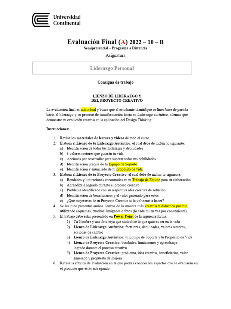 Evaluacion Final - CONSIGNA-Liderazgo Personal | PDF | Evaluación | Aprendizaje