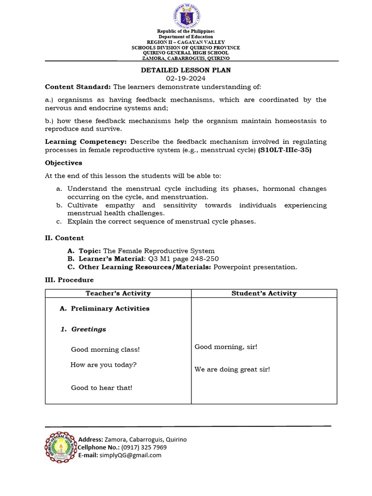 DETAILED LESSON PLAN2 - Female Reproductive System | PDF | Menstrual ...