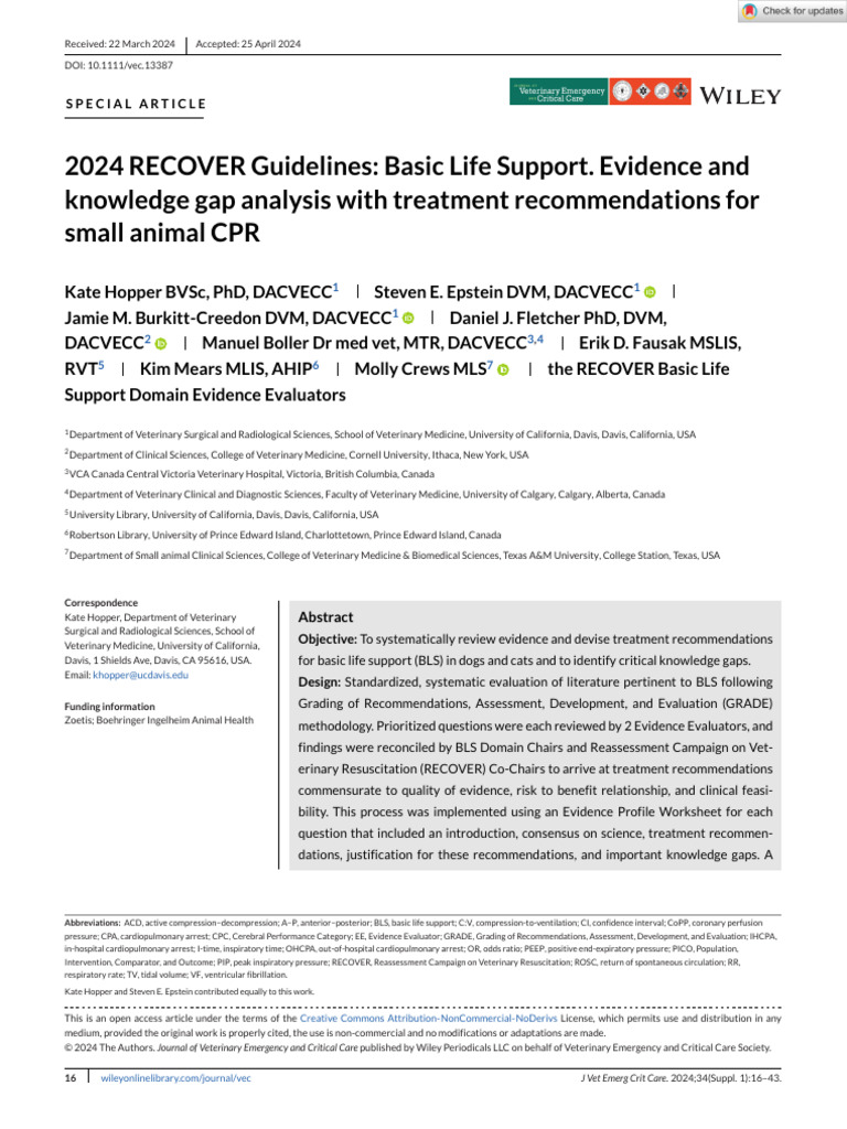 2024 RECOVER Guidelines for Small Animal CPR | PDF | Cardiopulmonary ...