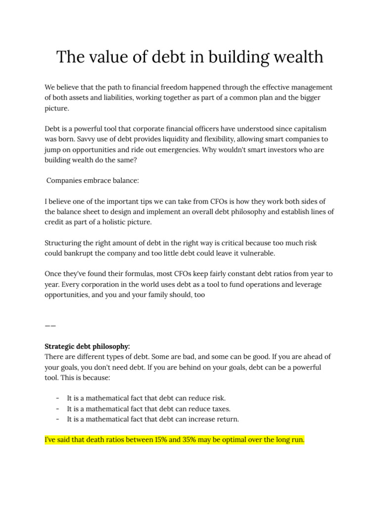 The Value of Debt in Building Wealth | PDF | Debt | Leverage (Finance)