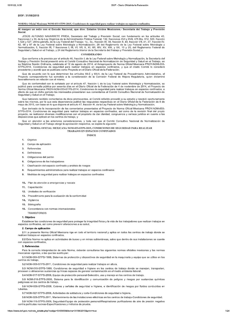 NORMA Oficial Mexicana NOM-033-STPS-2015, Condiciones de Seguridad para ...