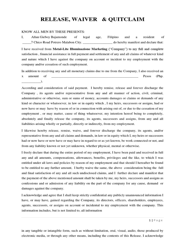 Mim - Quitclaim Final Format Gieboy | PDF | Legal Liability | Legal Remedy