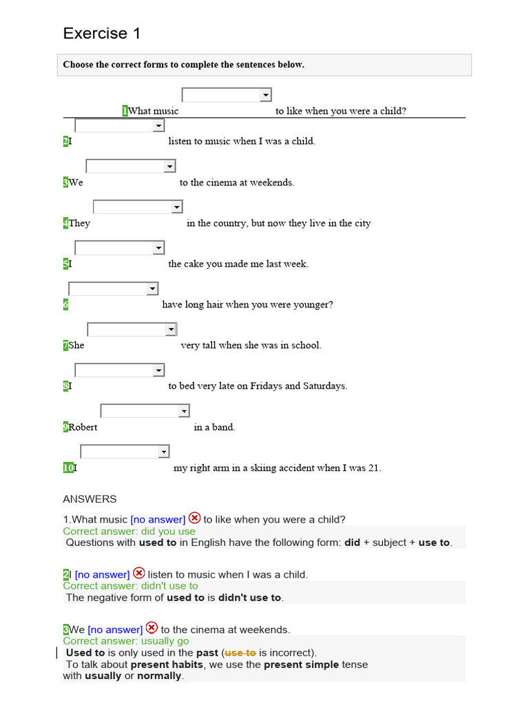 11.3. 2.used To Exercise 1 With KEY | PDF | Linguistics | Grammar