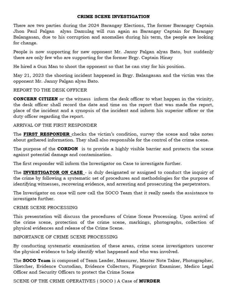 CRIME SCENE INVESTIGATION Script | PDF | Crime Scene | Law Enforcement Techniques