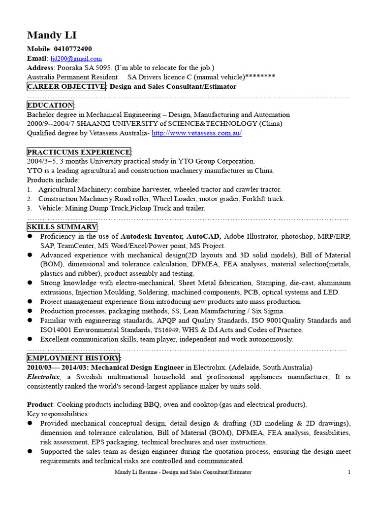 Mandy Li - Design & Sales Consultant Resume | PDF | Mechanical ...