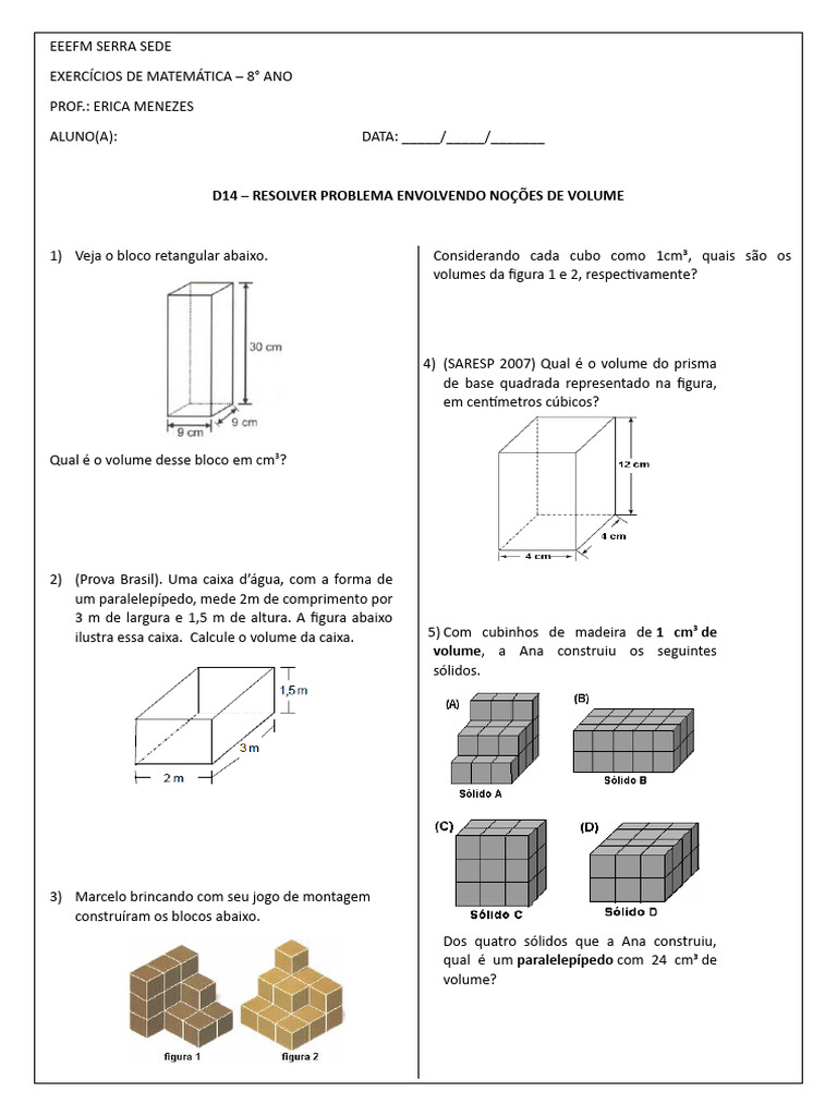 Exercícios Volume de Sólidos 8° Ano | PDF | Volume | Triângulo