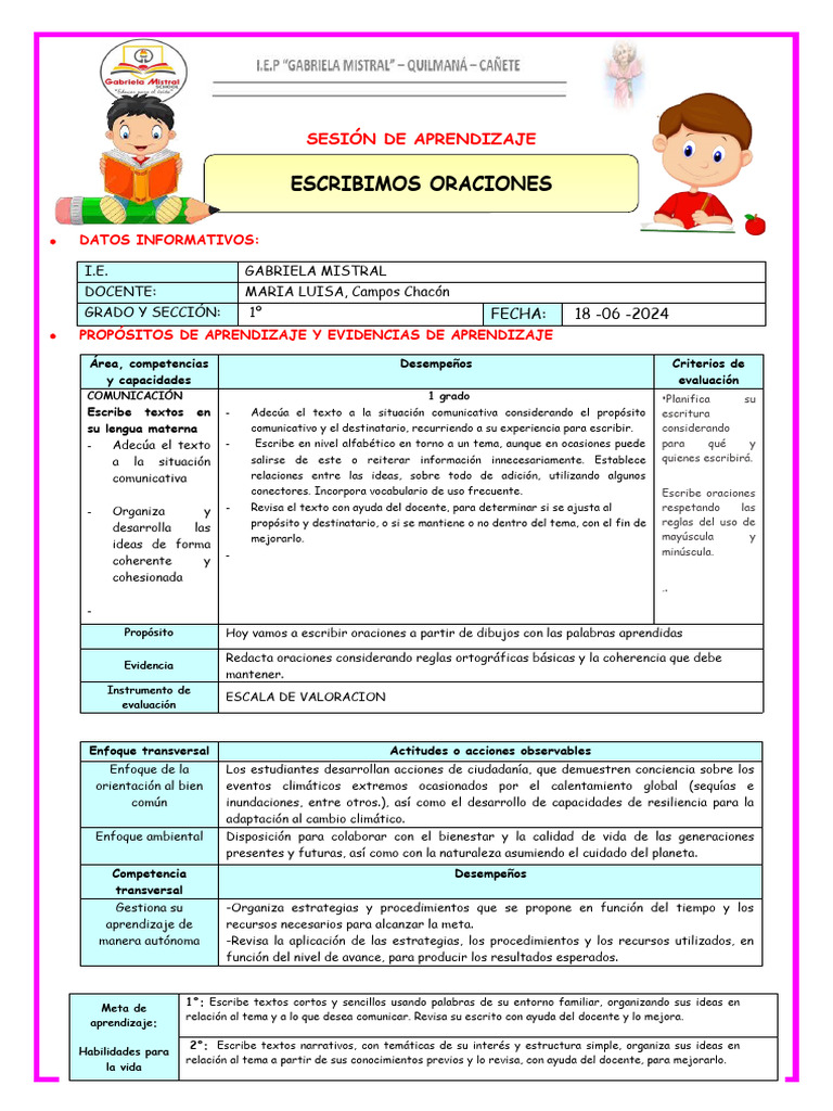Sesión Escribimos Oraciones | PDF | Aprendizaje | Evaluación