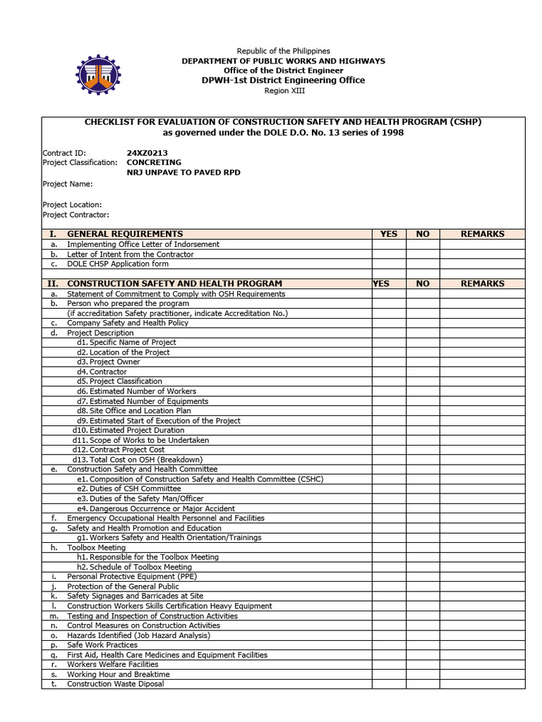 CHECKLIST SAMPLE DPWH | PDF | Occupational Safety And Health | Safety