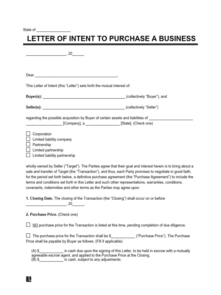 Letter of Intent Purchase Business | PDF | Financial Transaction ...