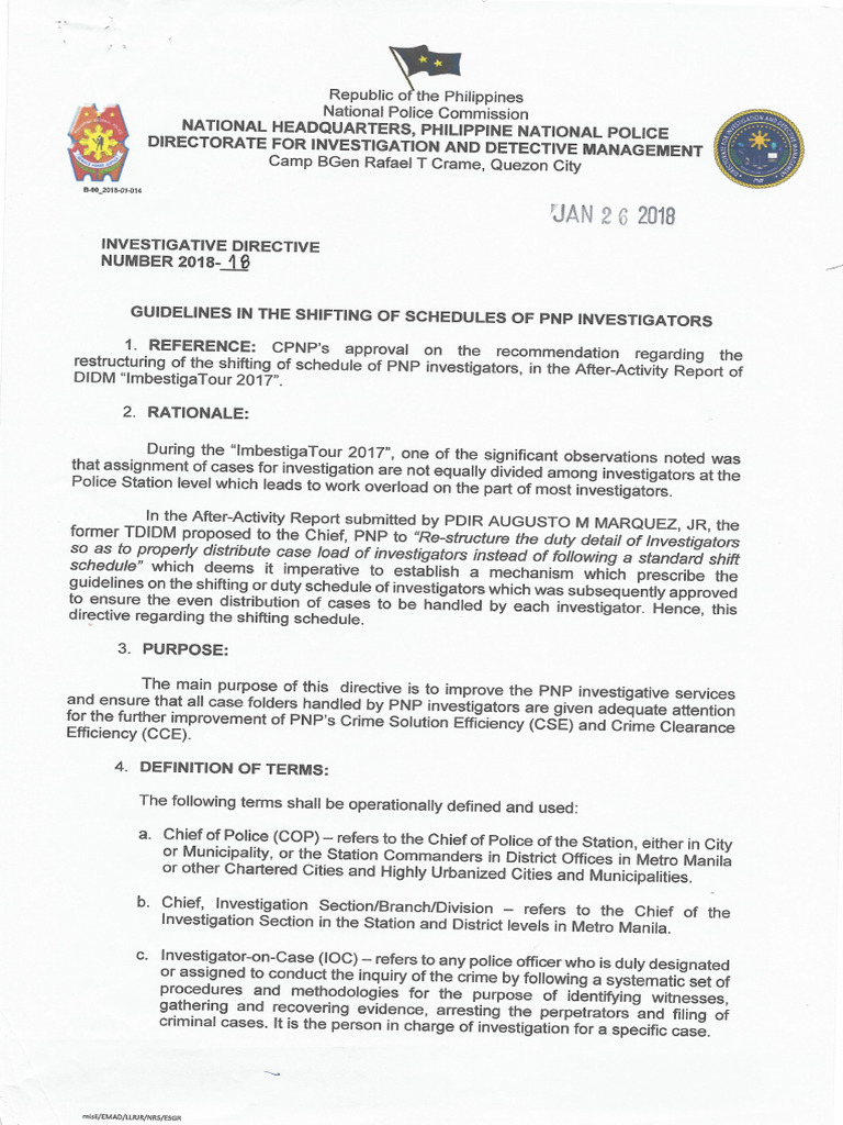 ID 2018-18 Guidelines in The Shifting of Schedules of PNP Investigators ...