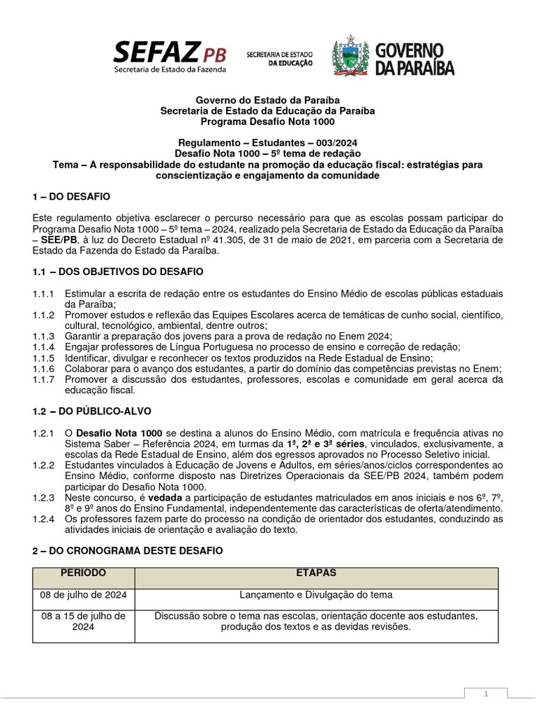 Desafio Nota 1000: Regulamento 2024 | PDF