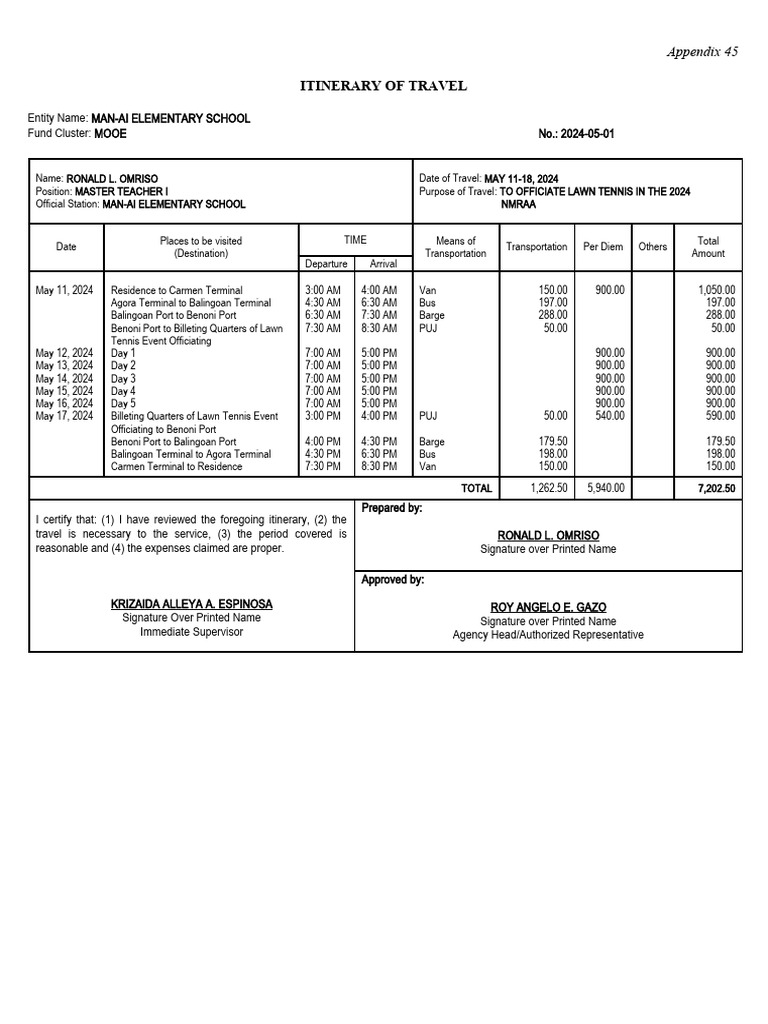 Travel Itinerary for DepEd Official | PDF