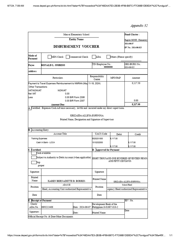 Disbursement Voucher for Travel Expenses | PDF | Cheque | Payments