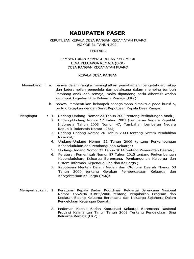 SK Kades TTG PEMBENTUKAN KEPENGURUSAN KEL. (BKR) | PDF